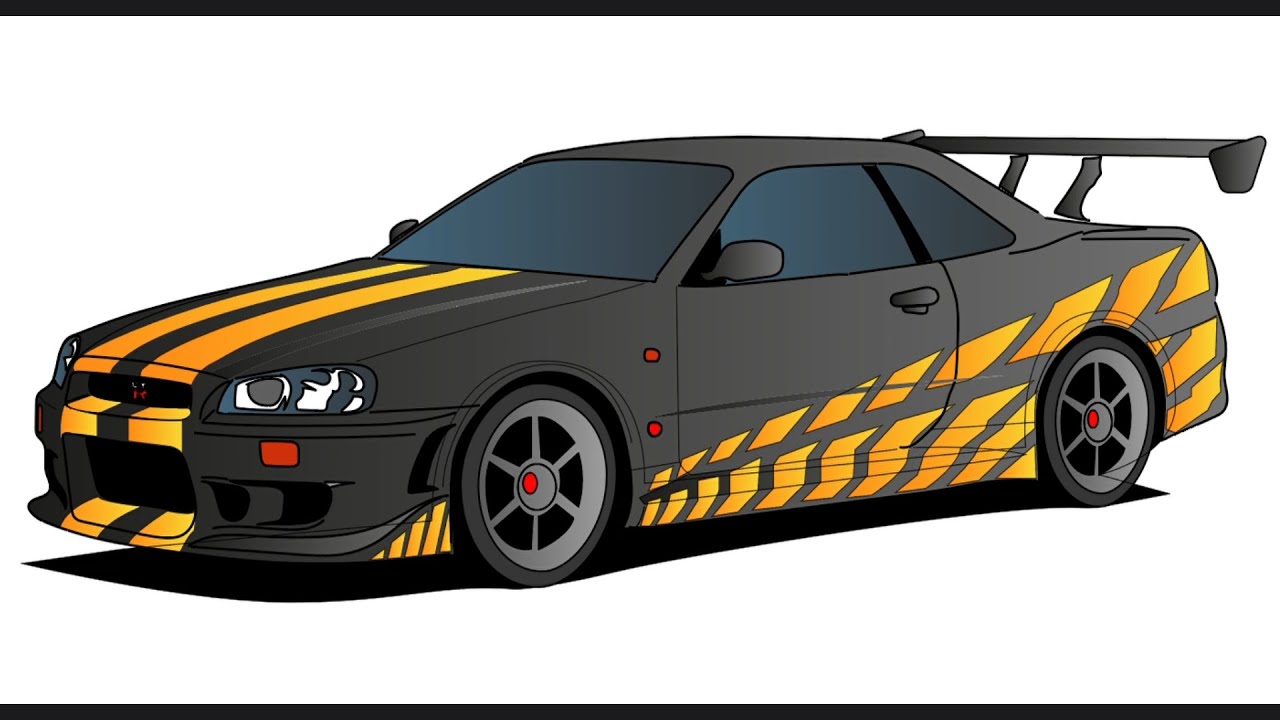 How to draw a NISSAN SKYLINE GT-R R34 / step by step easy for beginners ...