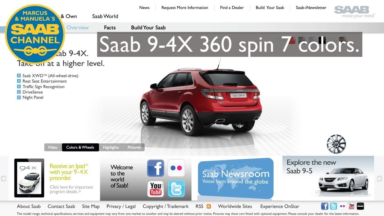 Saab 9-4X 360 spinn in 7 colors and 1 rim options. - YouTube