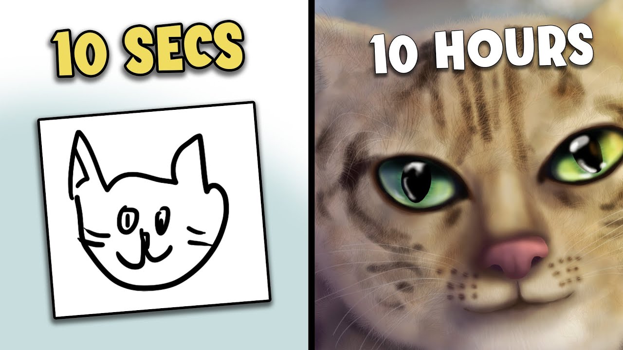 Drawing a CAT in 10 Hours | 1 Hour | 10 Minutes | 1m | 10s | 1s - YouTube