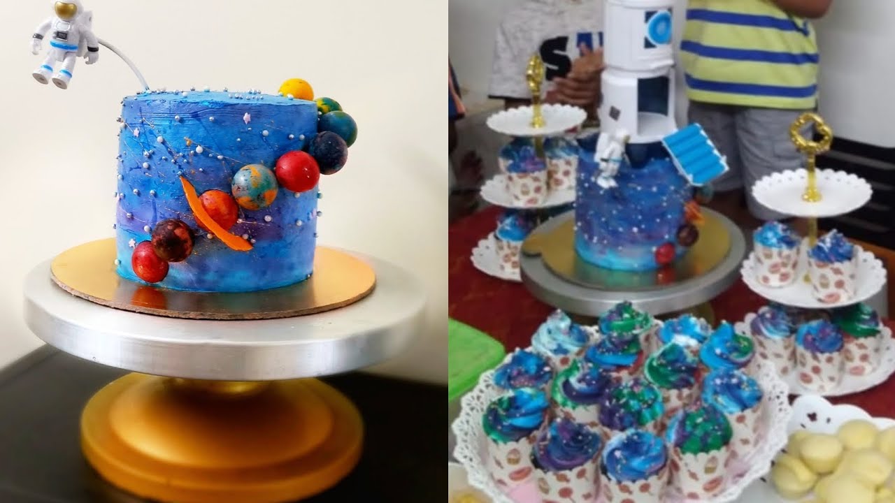 How to design a space theme cake | How to make dark color whipping ...