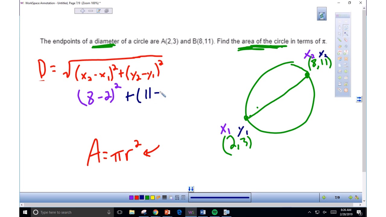 Find the area of a circle using the distance formula - YouTube