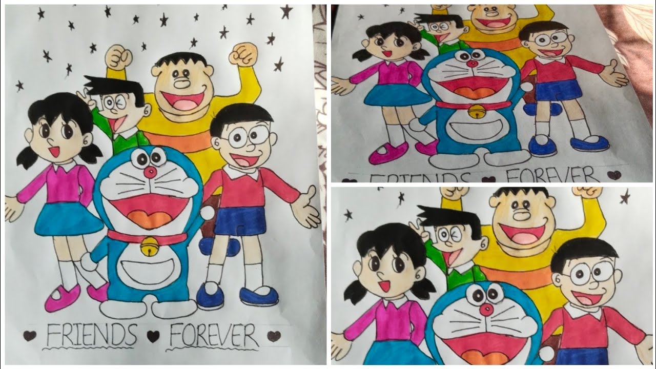 How to draw Doraemon and his friends ..Easy drawing of Nobita,Shizuka ...