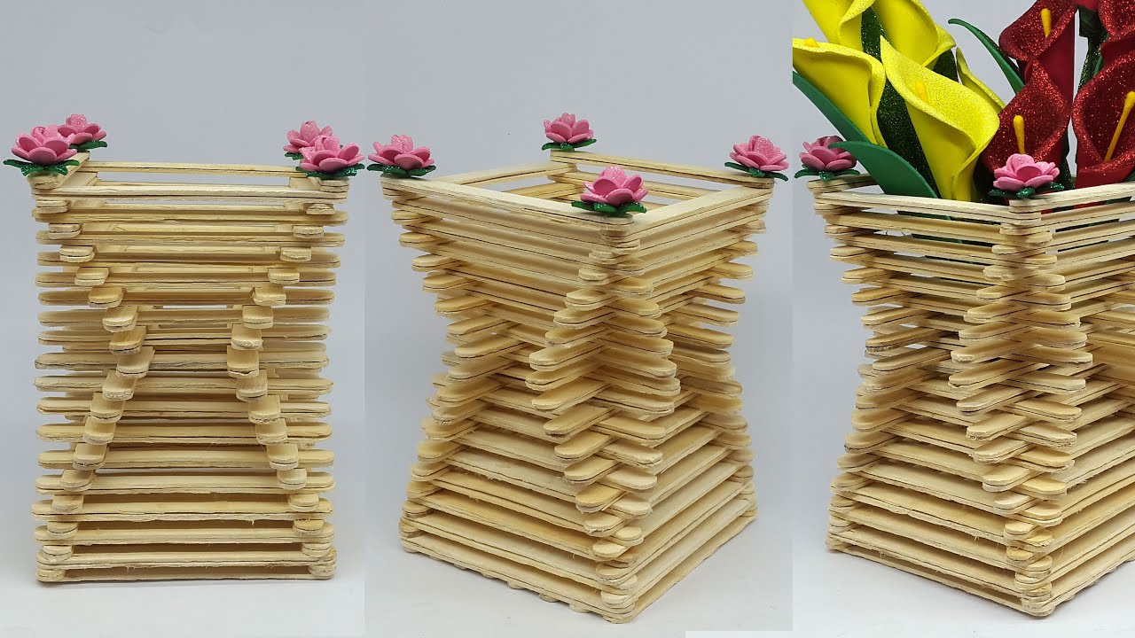 Easy Ice Cream Stick Flower Vase - How to Make Flower Vase At Home ...