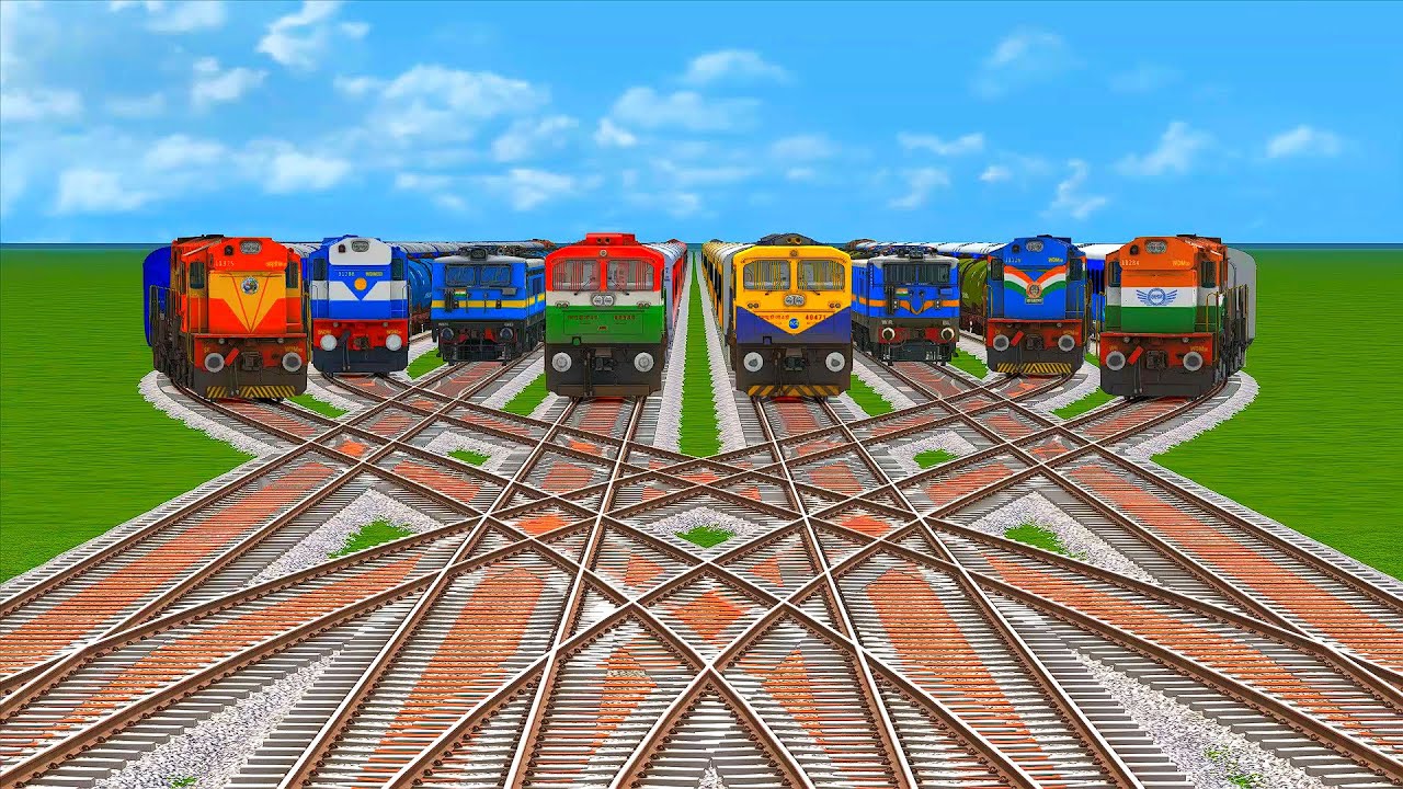 8 FAST TRAINS CROSSING ON BUMPY FORKED SHARP BEND RAILROAD TRACKS #73 ...