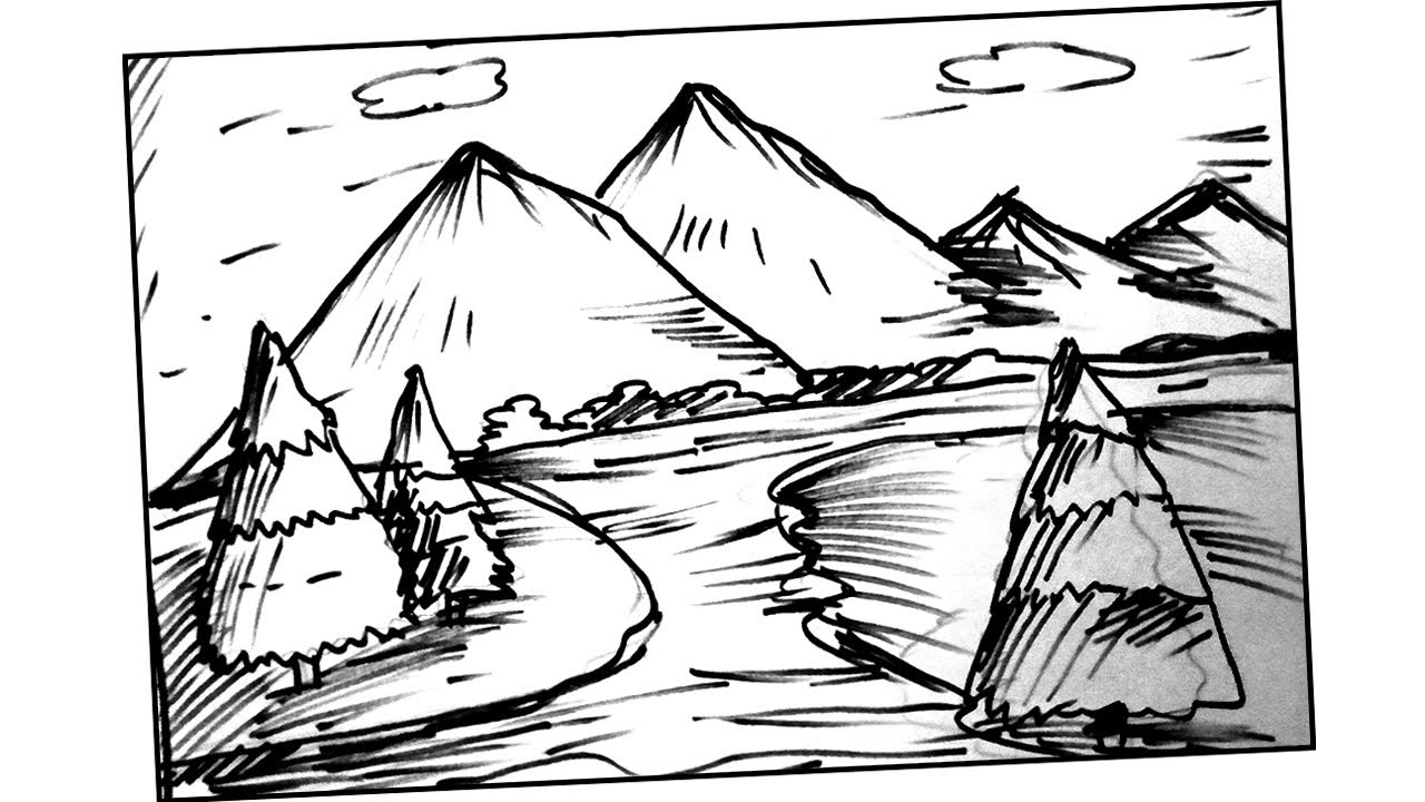 How to draw hill side scenery with tree and river - YouTube