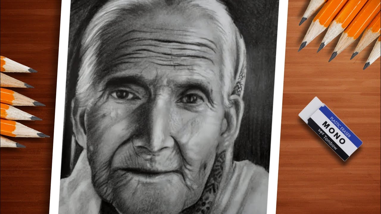 old woman wrinkle face drawing with pencil sketch 😍😍time lapse - YouTube