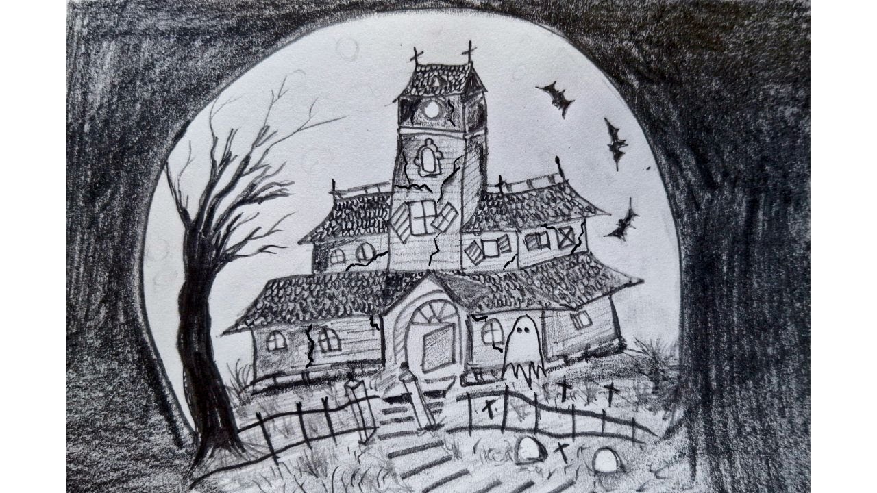 Easiest way to sketch a Haunted House ?step by step tutorial.step by ...