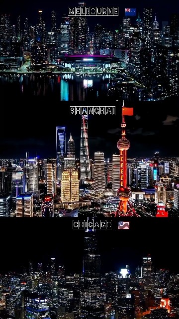 Melbourne 🇳🇿 V's Shanghai 🇨🇳 vs Chicago 🇺🇸 #skyview #nightveiw #drone # ...