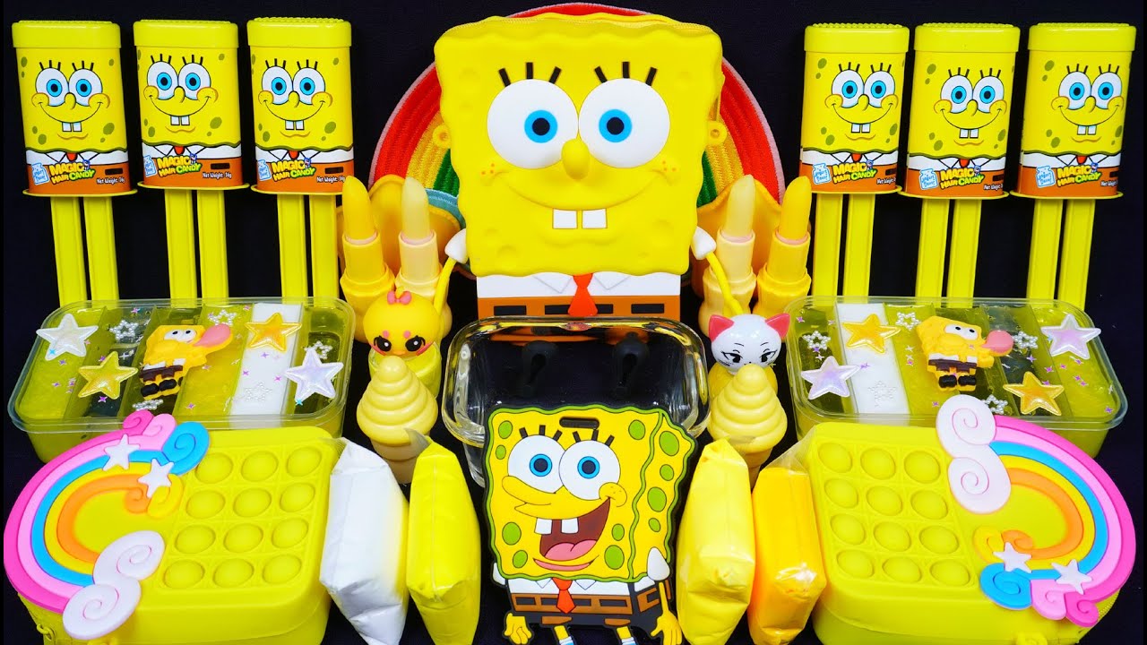 "Spongebob" Slime. Mixing Makeup,Lipstick into clear slime! Satisfying ...