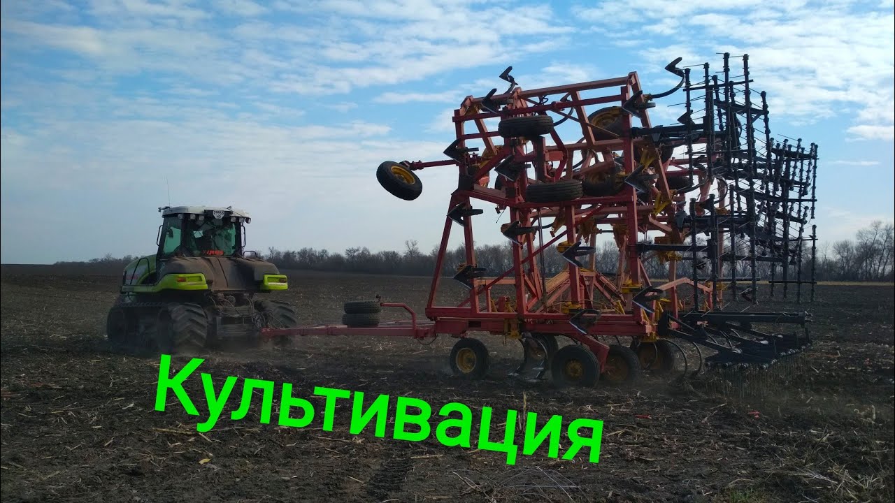 Культивация поля Claas Challenger 95E+Чизельный культиватор Bourgault ...