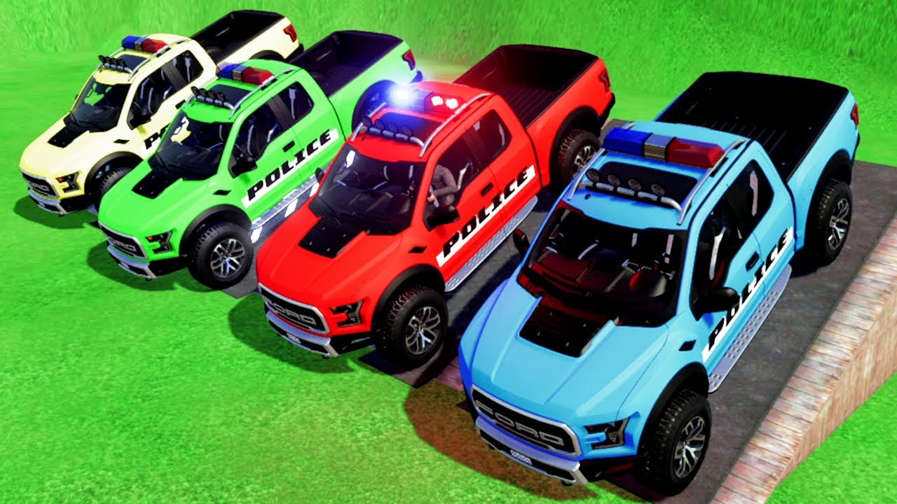 POLICE CARS OF COLORS ! TRANSPORTING COLORED POLICE WITH TRUCKS ...