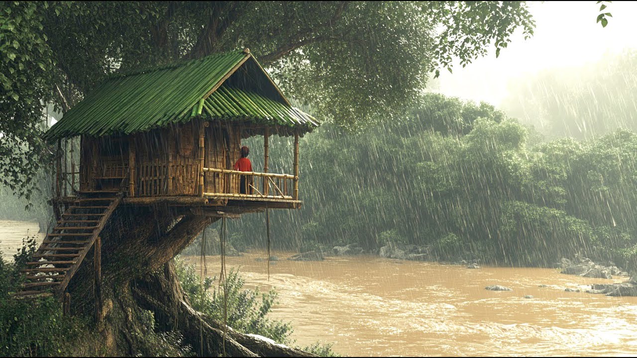 Building tree house on the riverbank meets heavy rain and rising floods ...