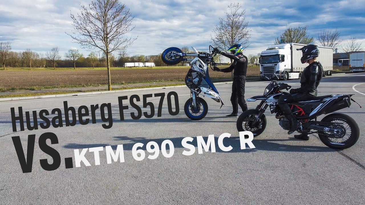 KTM 690 SMC-R vs. HUSABERG FS570 / Supermoto Sunday Wheelie Rideout ...