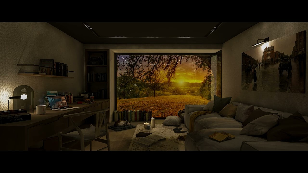 Autumn Scenery Afternoon Sunset View from a Cozy Room: Watching Leaves ...