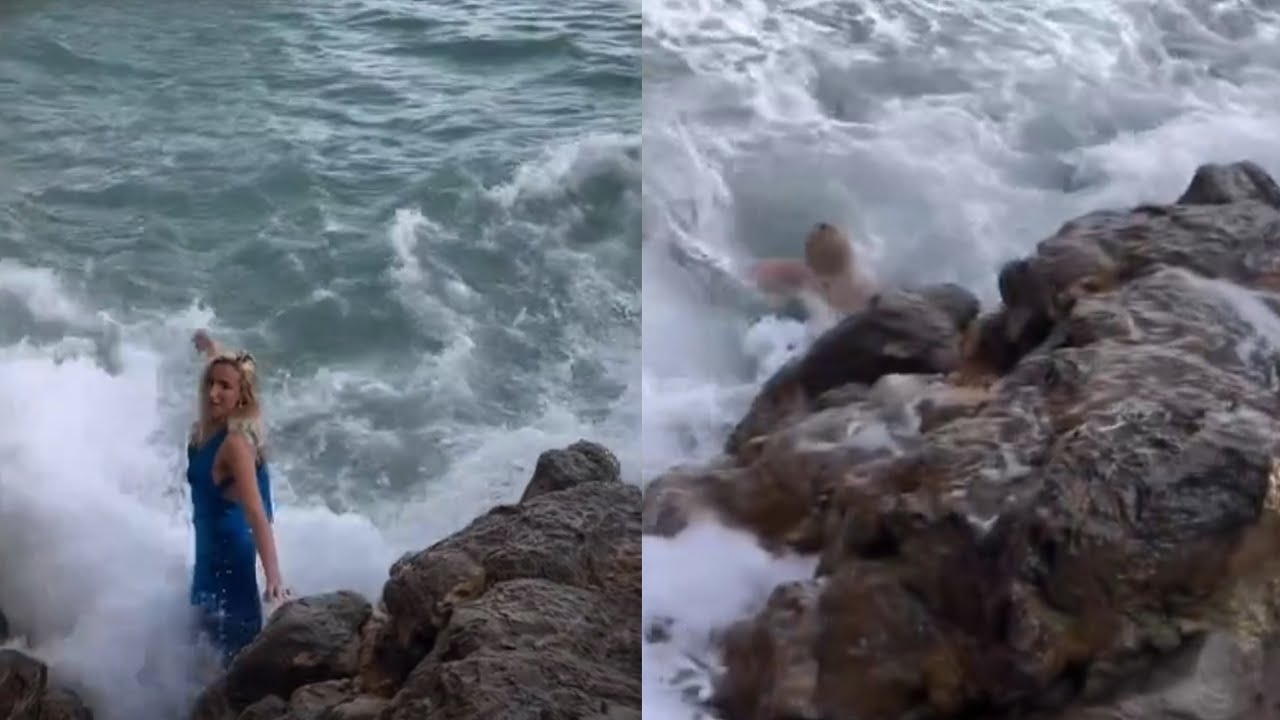 Miraculous Escape: Model Swept Away in Ocean-side Photoshoot - YouTube