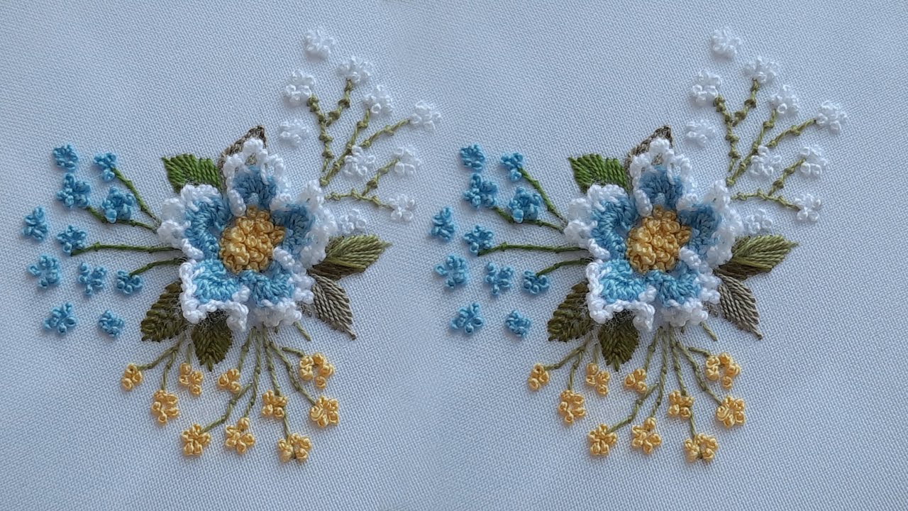 Hand Embroidery Dimensional Embroidery Blue Flower Mix stitches - YouTube