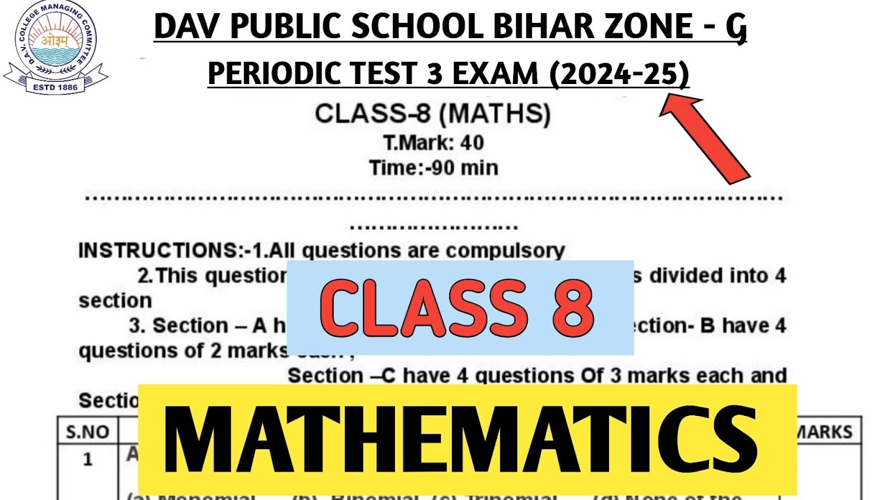 Dav class 8th mathematics of periodic test 3 exam | Pt 3 | maths | Dav ...
