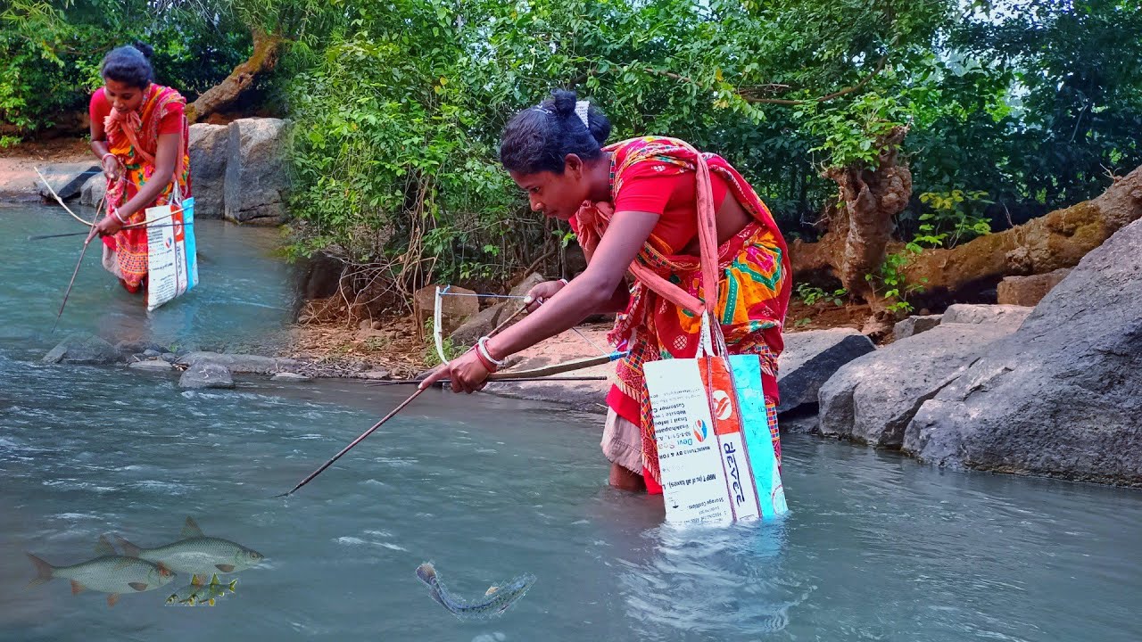 Unique Method Fishing By Tribes || Village Women Fishing In The River ...