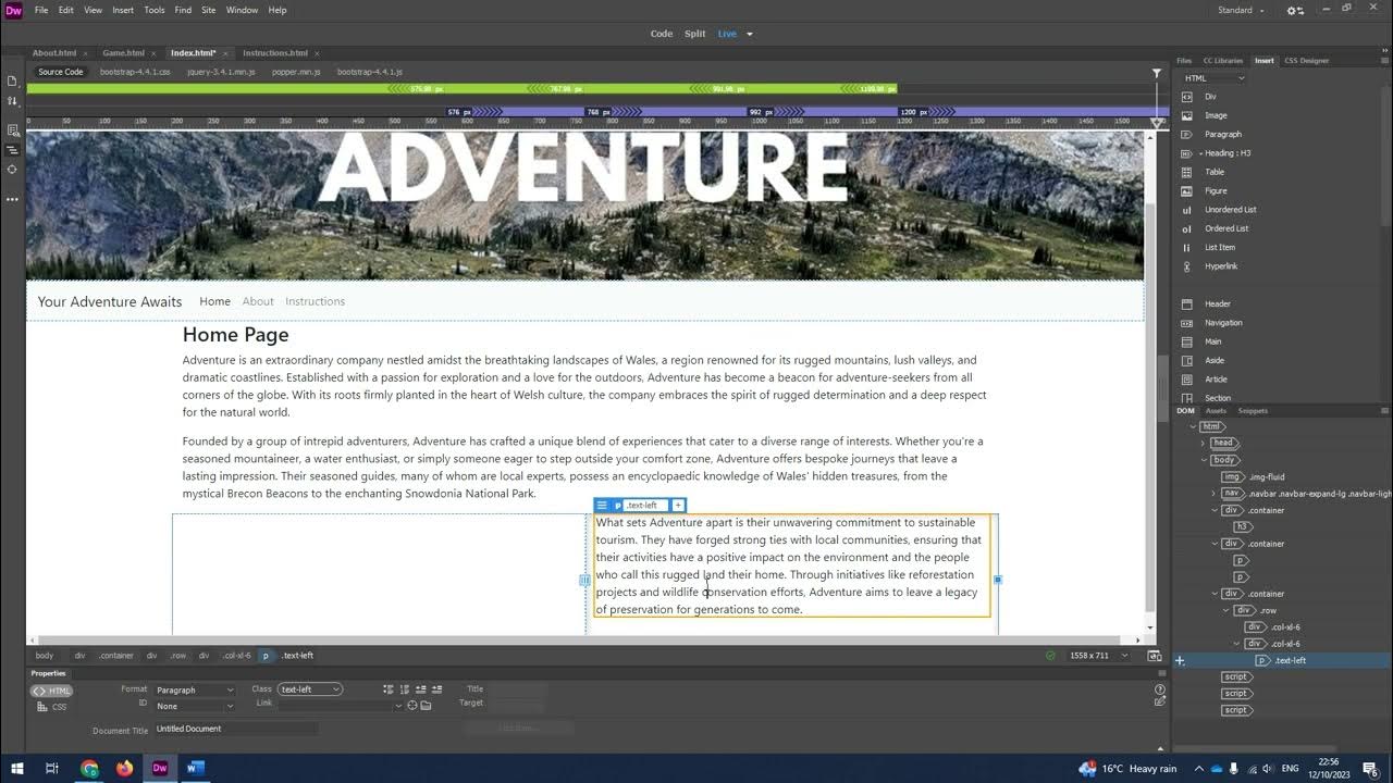 Adding Text and using Heading Styles Bootstrap HTML Dreamweaver 2021 - YouTube