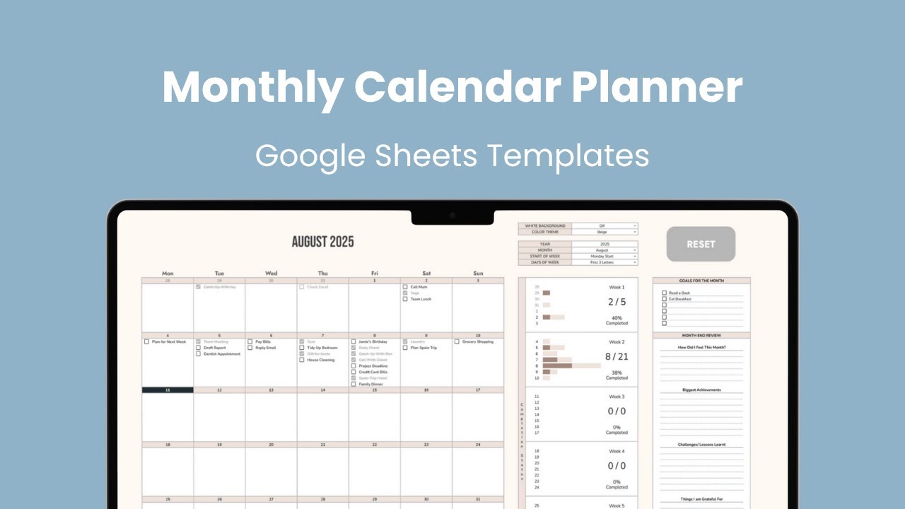 Monthly Calendar Planner Google Sheets Template How to Use Video ...