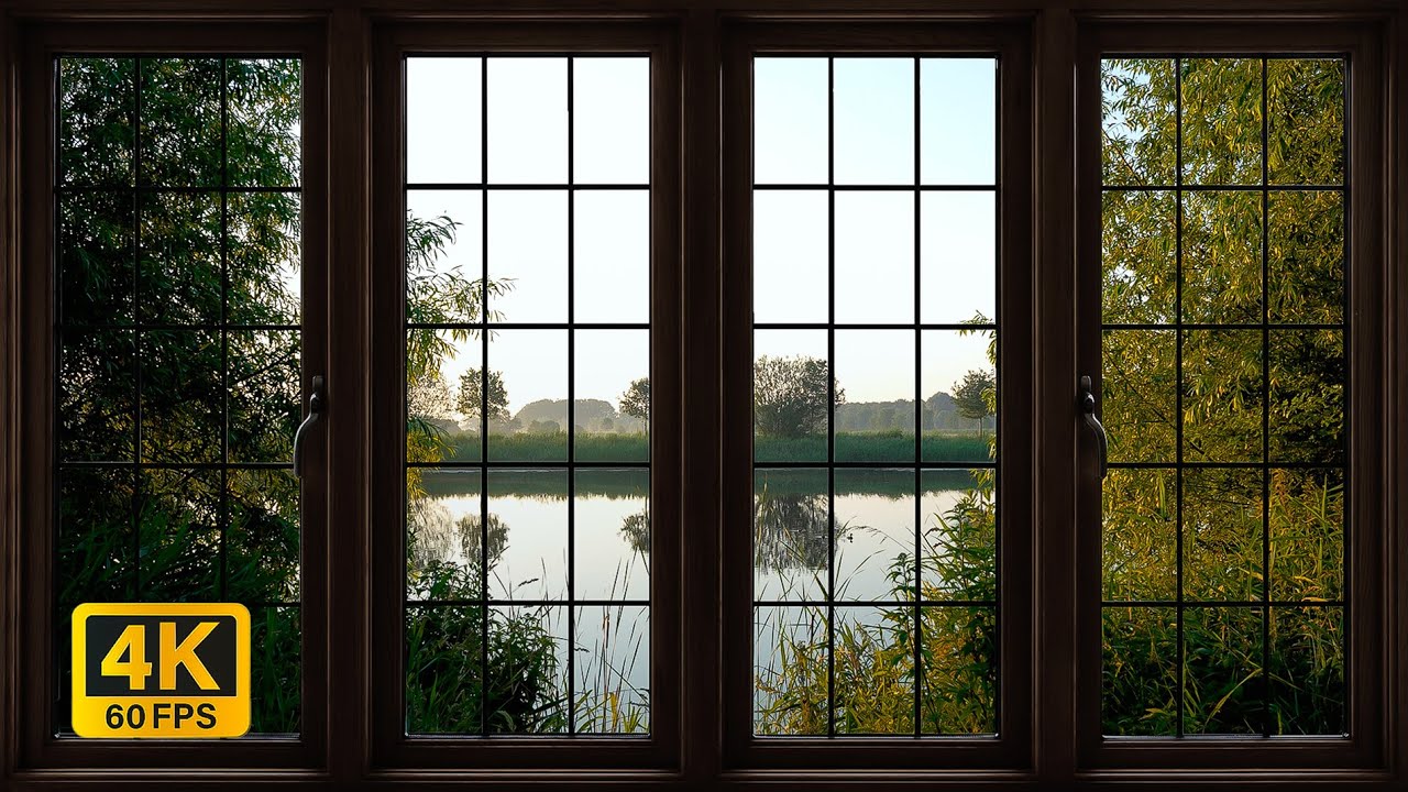 4K Lake window view during sunrise with birds calling - Relaxing ...