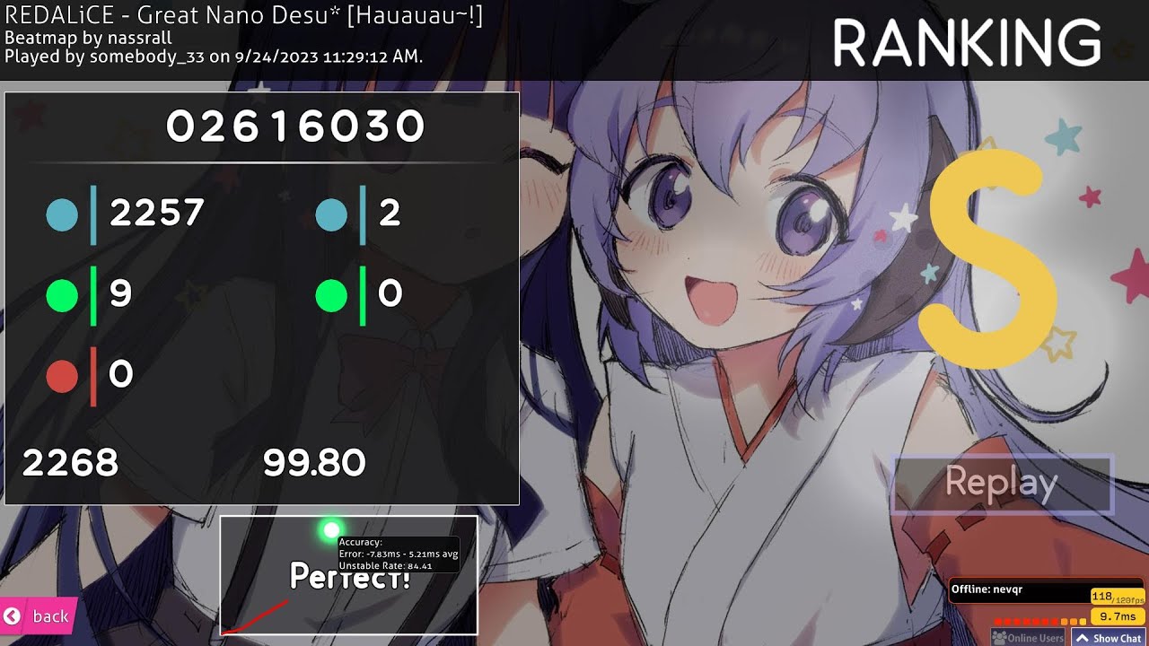 (osu!taiko) REDALiCE - Great Nano Desu* [Hauauau~!] 422pp 99.80% FC (#8 global, #1 US, PB #76 ...