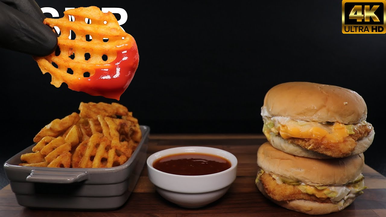 WAFFLE FRIES, CHICKENBURGER, MUKBANG, ASMR - YouTube
