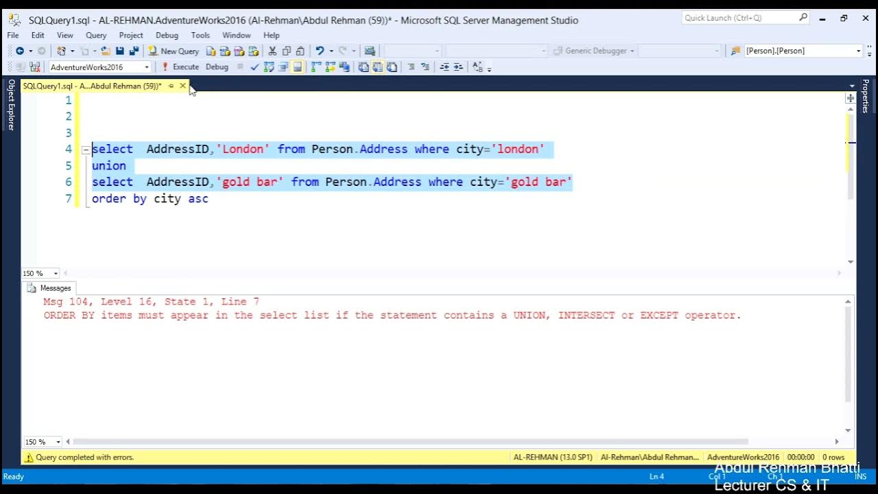 UNION, INTERSECT and EXCEPT use in SQL Server - YouTube