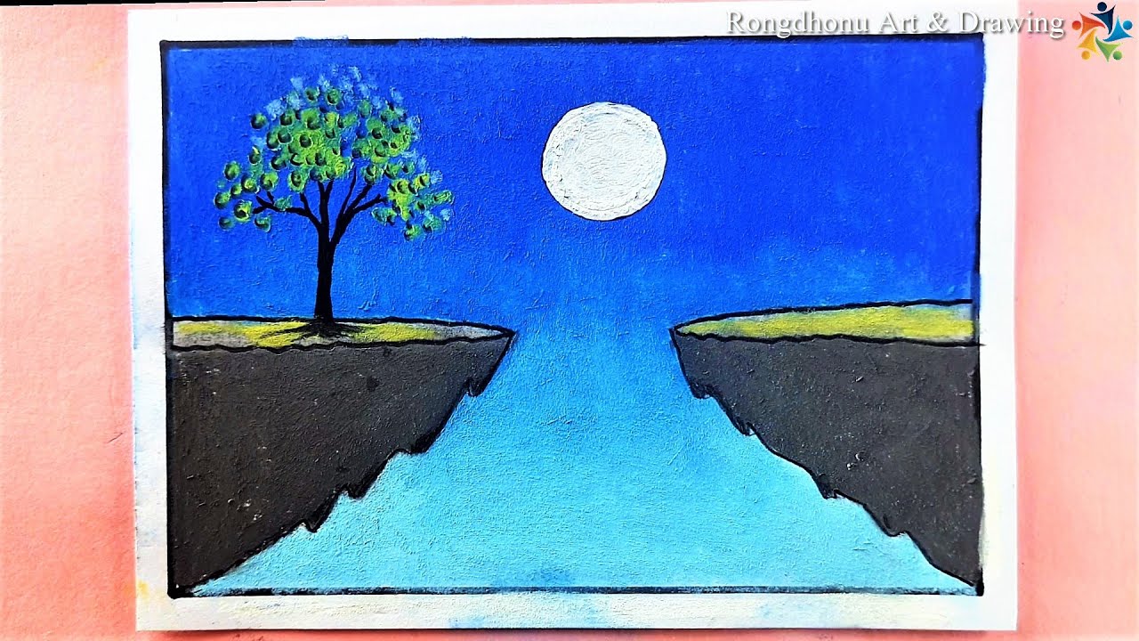 How to draw a Beautiful Scenery | Moonlight Night Scenery | Soft Pastel ...