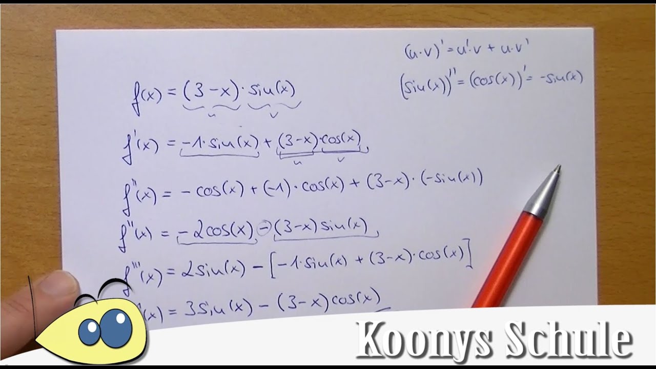 f(x)=(3-x)sin(x) dreimal abgeleitet | Beispiel, Ableitung, Produktregel ...