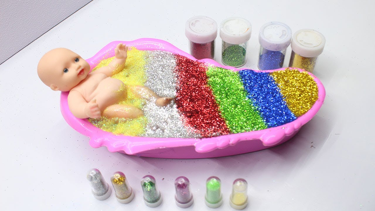 Satisfying video \ Mix all the slime in the bathtub with the cute baby ...