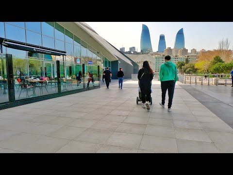 Bakı mərkəz Piyada turu  -  Hər kəsin dincəldiyi  Bakı bulvarı (Aprel 2021) 4k Baku Walking tour