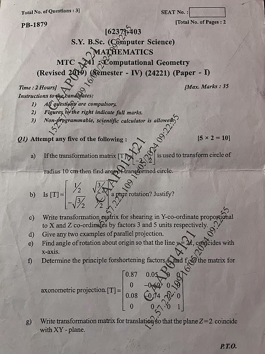 SY.BSc Computer Science || MTC 241 || Semester 4 Computational Geometry #sppu #questionpaper ...