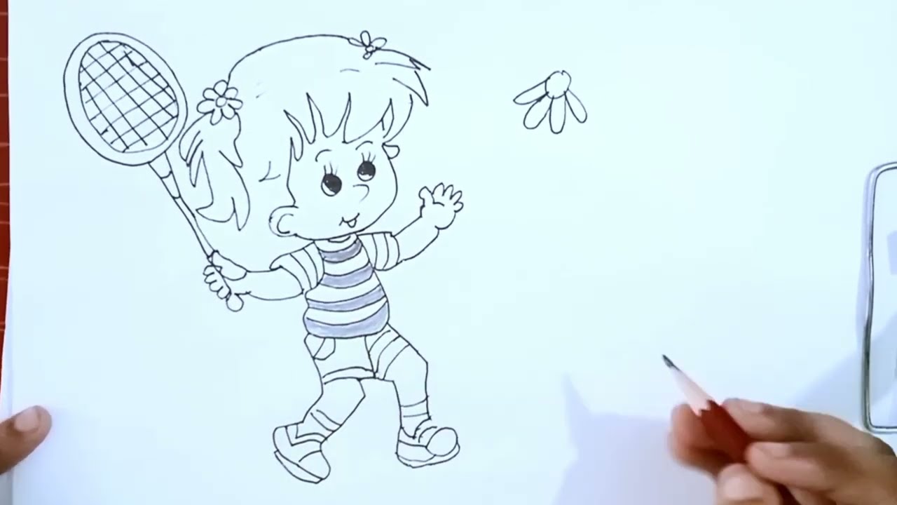 How to draw kid playing badminton.kid drawing.girl playing badminton ...