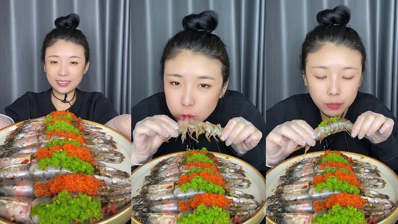 【XueYan Mukbang】#해산물 Fish Roe Stuffed Shrimp🐟🐟🦐🦐#Seafood#sashimi# ...