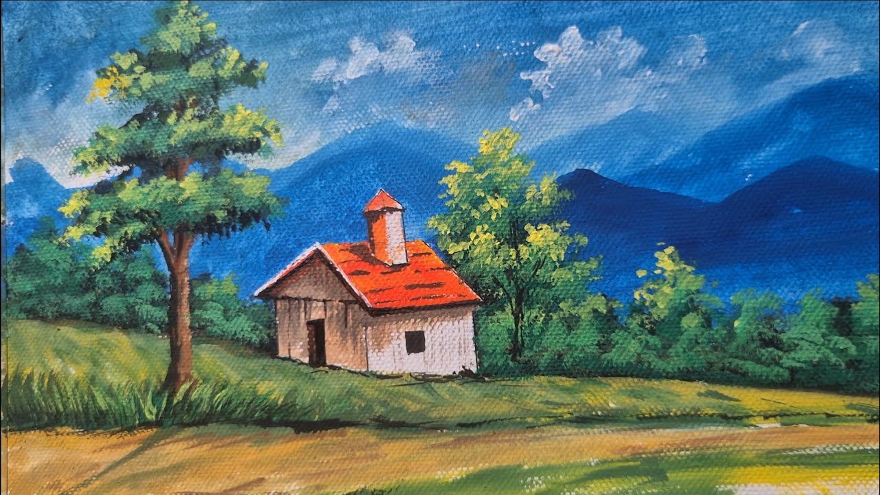 beautiful scenery Drawing for beginner's | Easy hill village Drawing ...