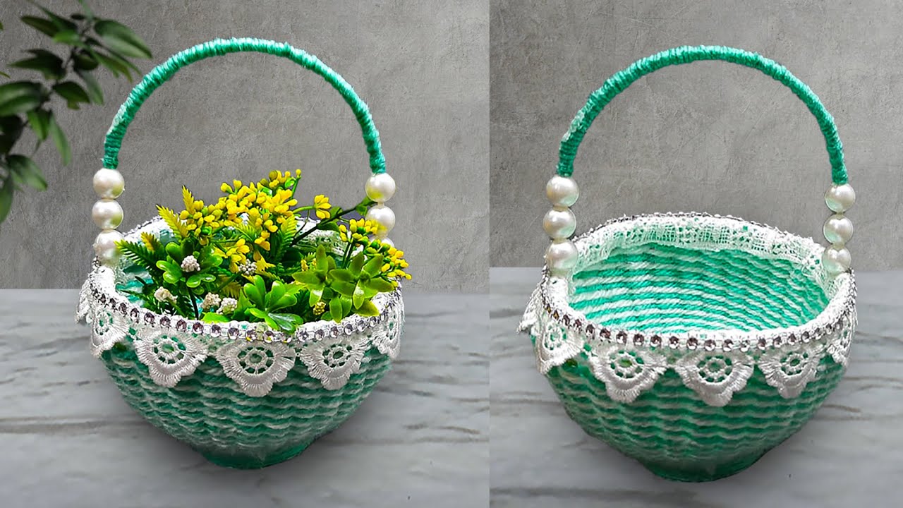 Make a flower basket from wool thread | Vase idea from a paper cup and ...