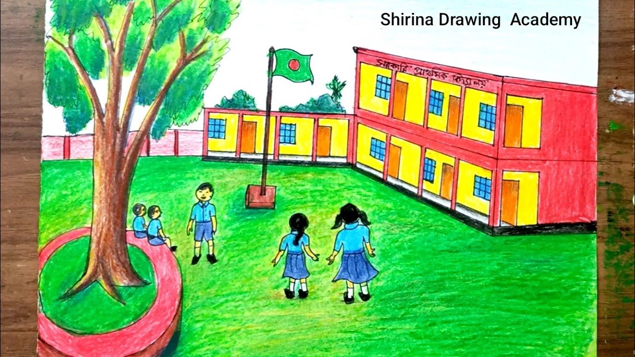 How to Draw School Scenery | সহজ স্কুল আঁকা | Primary School Drawing ...