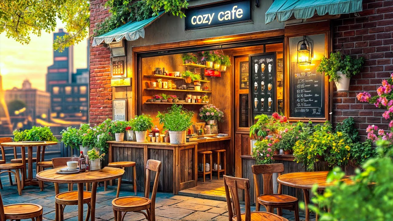 Outdoor Spring Coffee Shop Ambience ☕ Cozy Outdoor Coffee Shop Sounds ...
