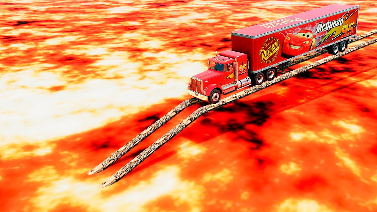 Mack Truck vs Impossible Log Bridge Crossing Cars Vs Deep Lava - BeamNG ...