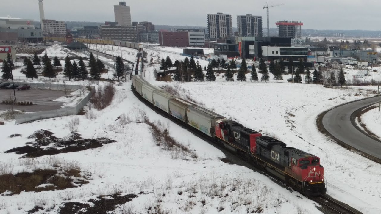 Awesome 4K Aerial View! Long Manifest Train CN 507 thru Moncton, NB ...