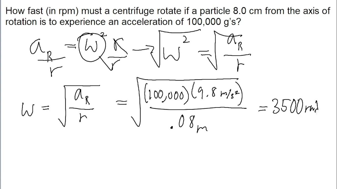 How fast (in rpm) must a centrifuge rotate if a particle 8.0 cm from the axis of rotation is to ...