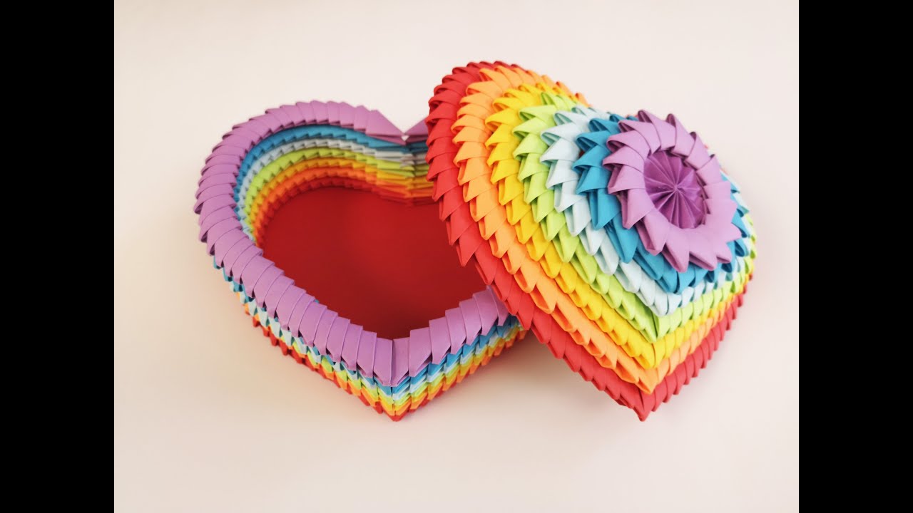How to Make 3D Origami Heart Box - Rainbow - YouTube
