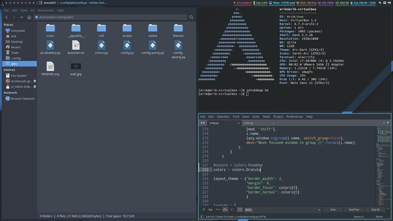 ArcoLinux : 3847 Qtile and Distrotube - 10 colorschemes - lets check them out - YouTube
