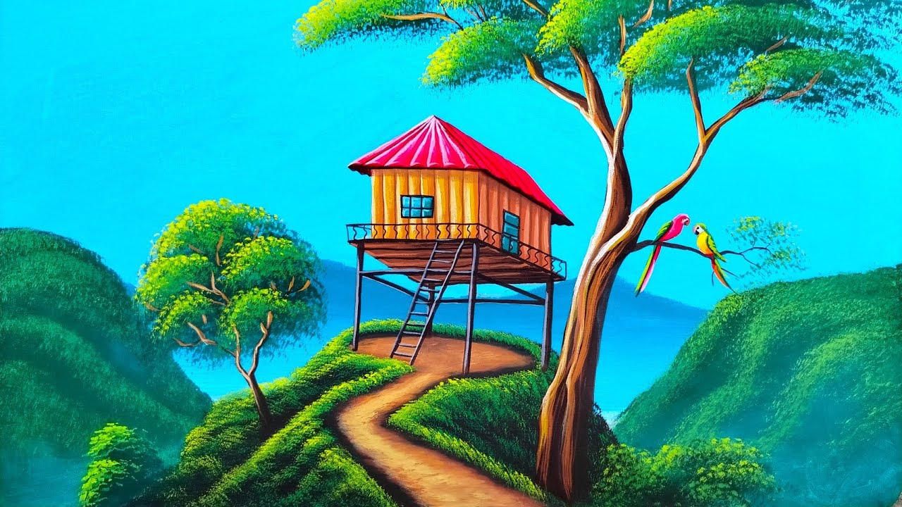 Mountain Homestay scenery drawing and painting | painting 538 - YouTube