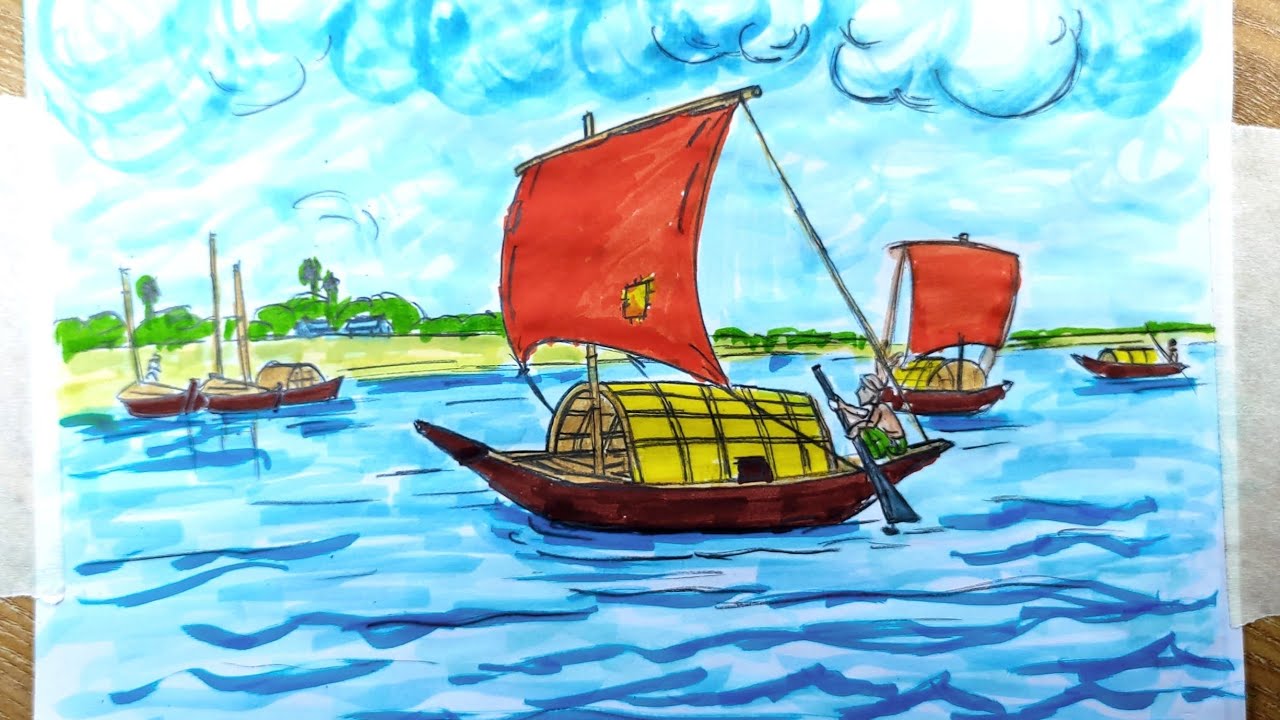 How to draw landscape / scenery of village river & boat / step by step ...
