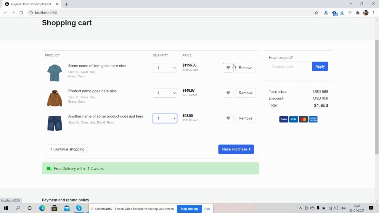Angular 11 Ecommerce Site Cart Page Template Free Youtube