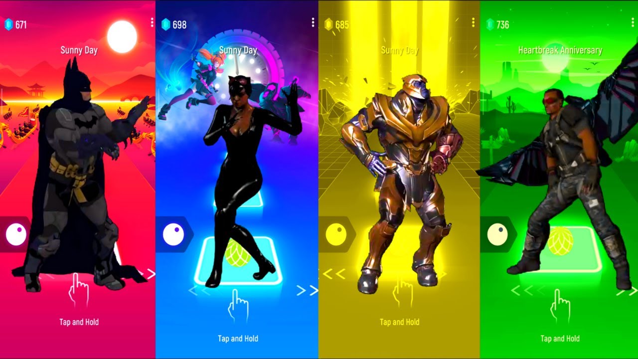 Batman vs Cat Woman vs Thanos vs Falcon | Tiles Hop Edm Rush - YouTube