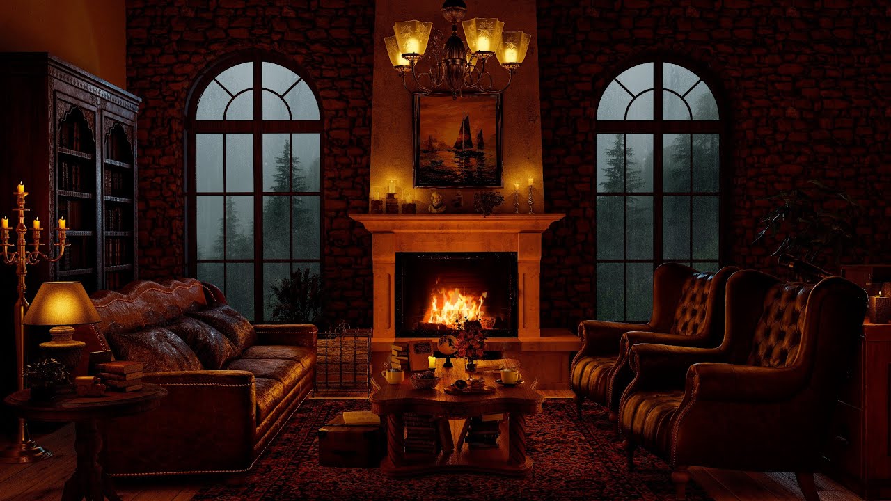 Cozy Room Ambience with Relaxing Fireplace & Rain Sounds for Sleeping ...