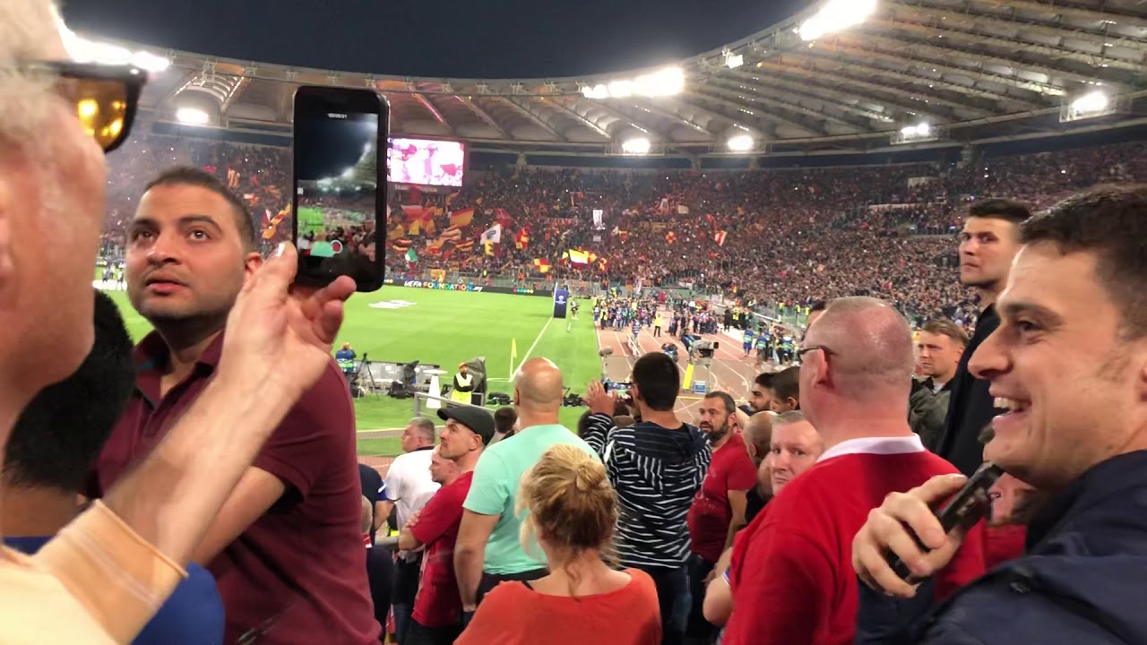 Roma vs Liverpool Away End Liverpool fans Atmosphere! Roma Roma Roma ...